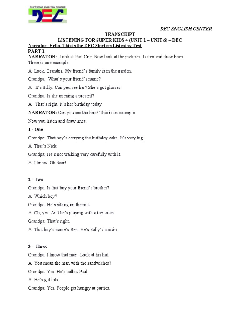 Transcript - Super Kids Listening Test (7-9) | PDF