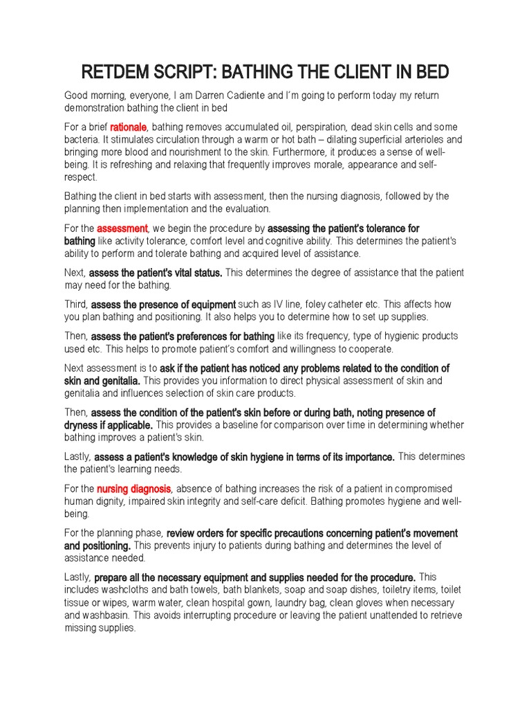 Bathing The Client RetDem Script | PDF | Hygiene | Hand Washing