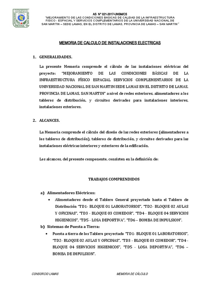 Memoria de Calculo - Instalaciones Electricas | PDF | Cableado eléctrico | Corriente eléctrica
