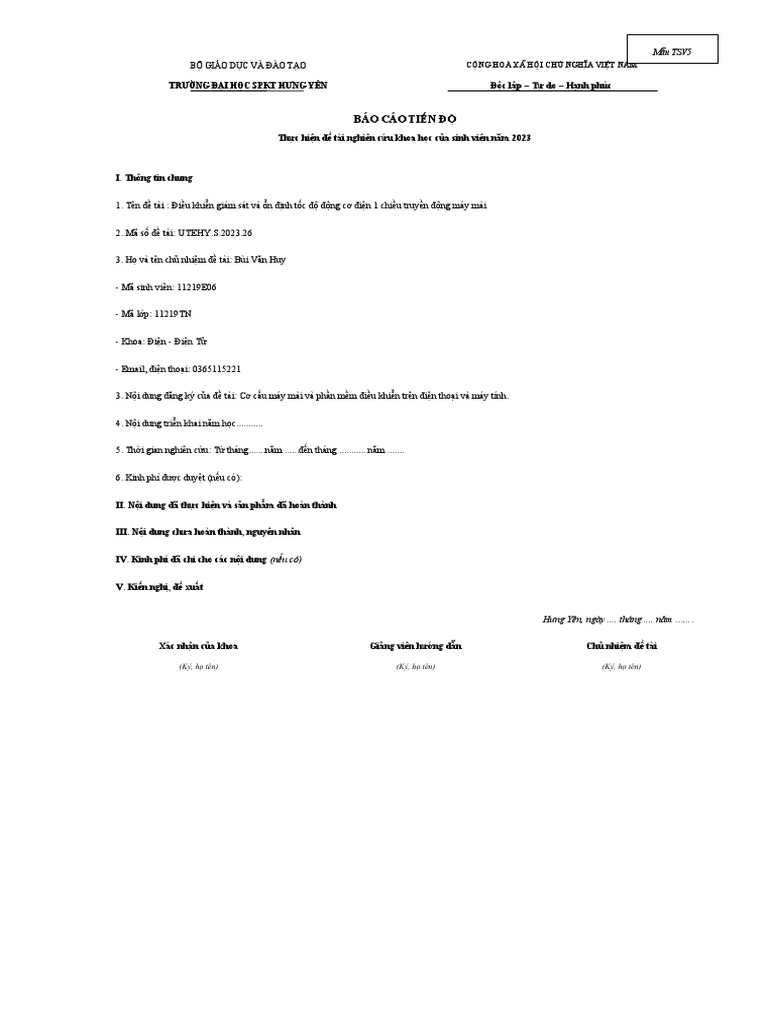 TSV5. Bao Cao Tien Do Thuc Hien de Tai KHCN Cua Sinh Vien | PDF