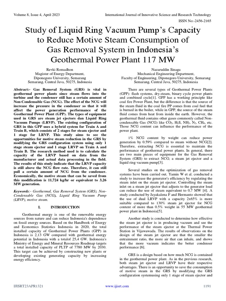 Study of Liquid Ring Vacuum Pump's Capacity To Reduce Motive Steam ...