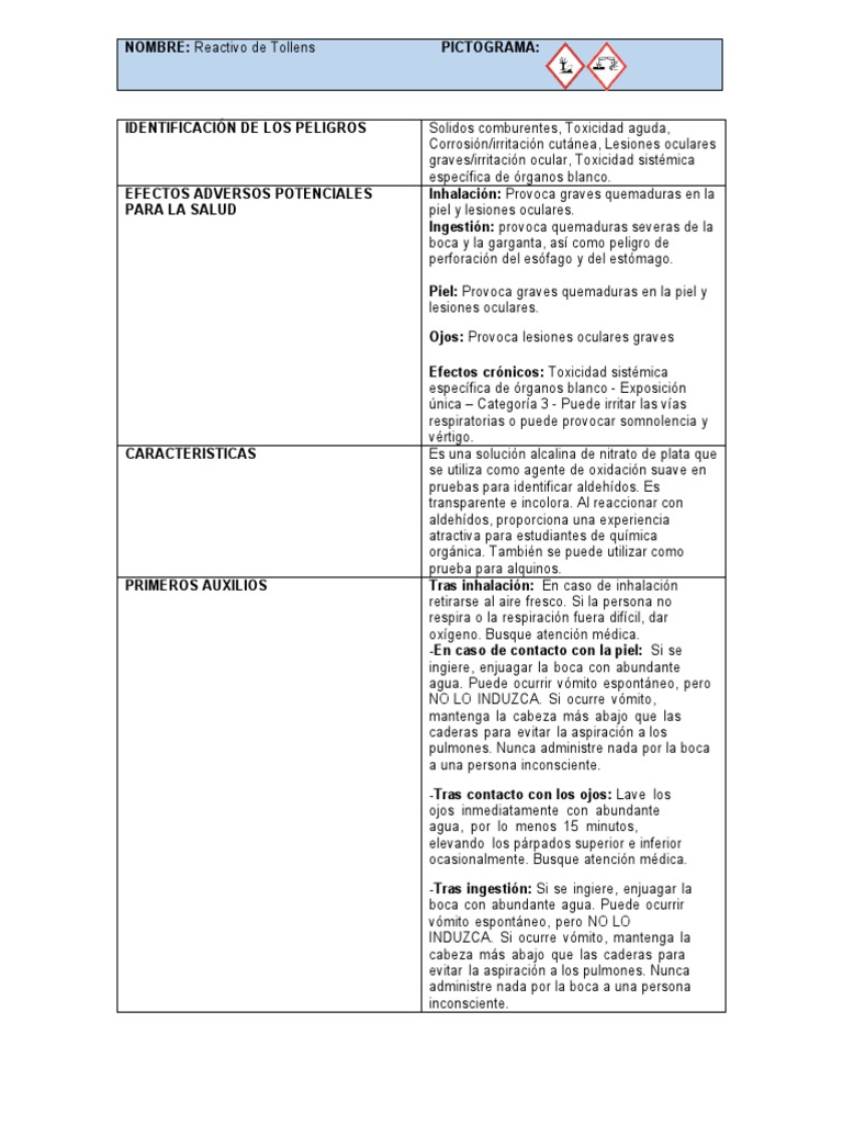 Tabla Ficha de Datos de Seguridad Tollens y Nylander | PDF | Agua | Quemar