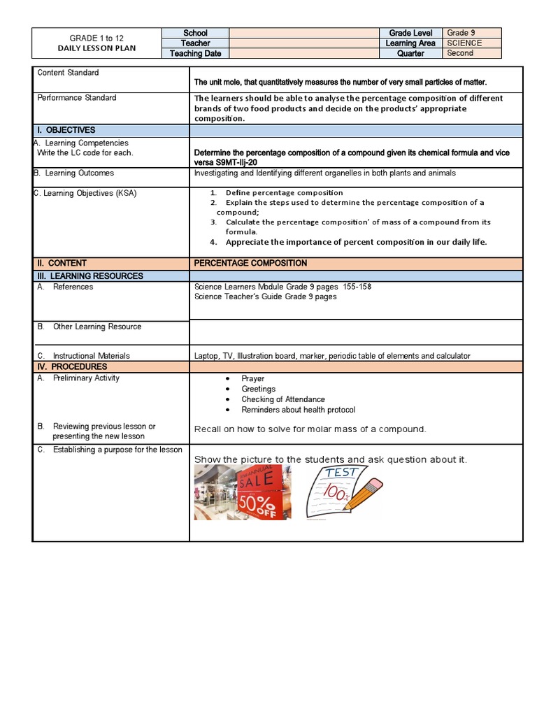 Percentage Composition Lesson Plan | PDF | Learning | Percentage