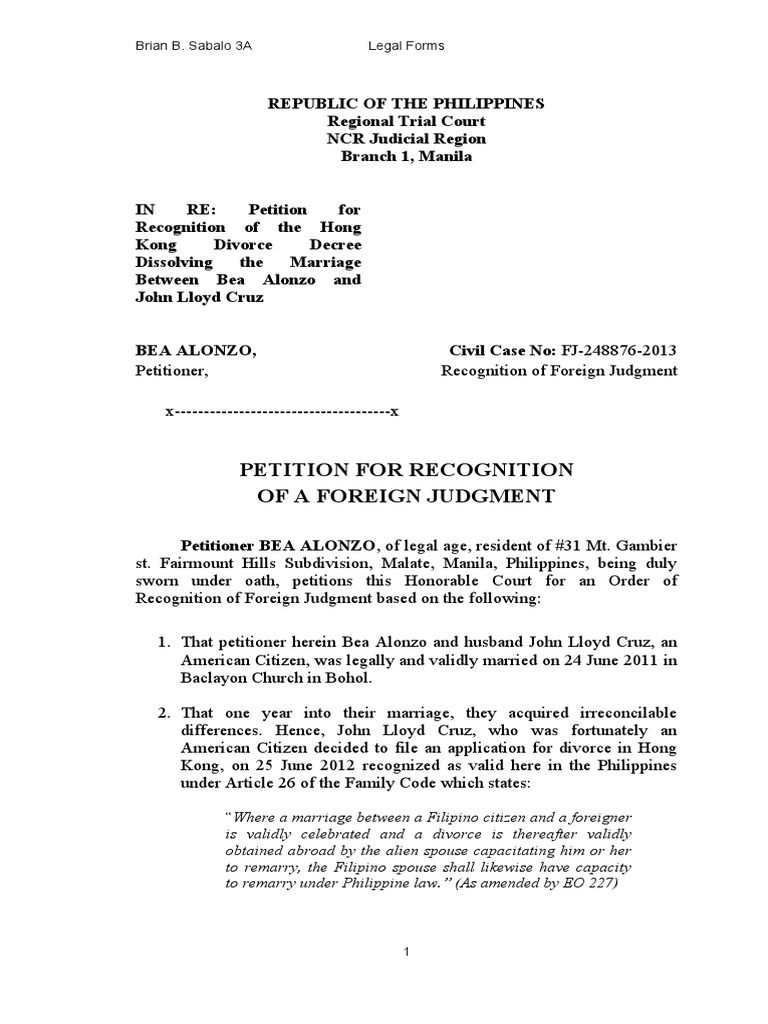 Petition For Recognition | PDF | Divorce | Marriage