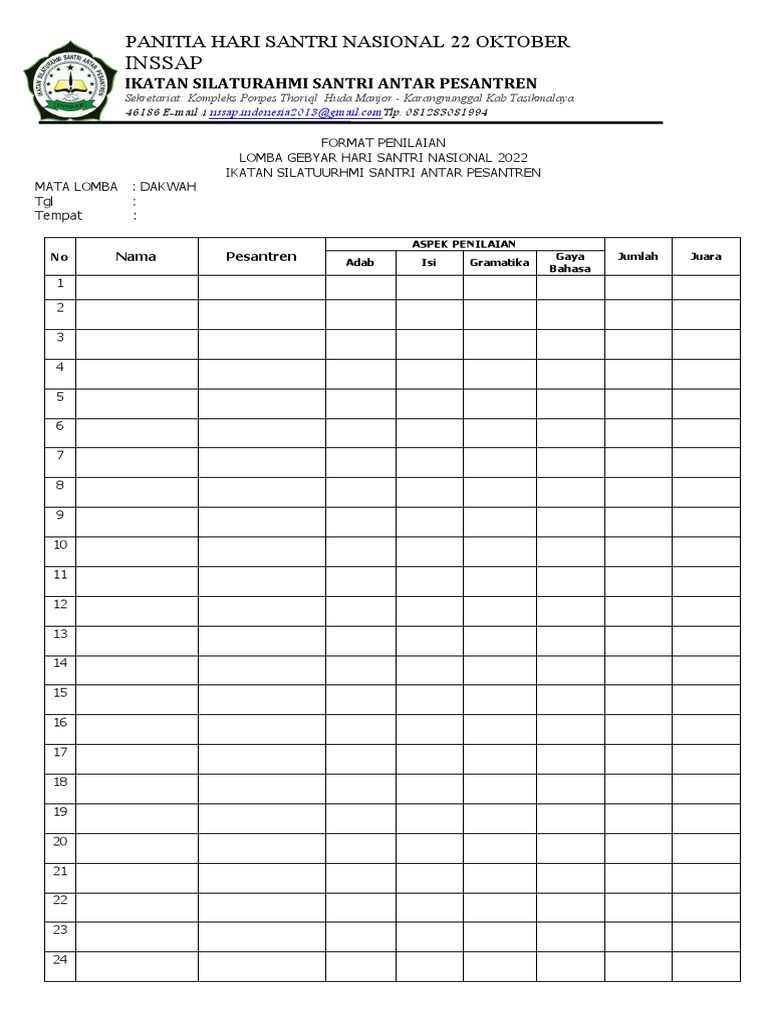 FORMAT PENILAIAN LOMBA HSN 2022 - Dakwah&MSQ | PDF