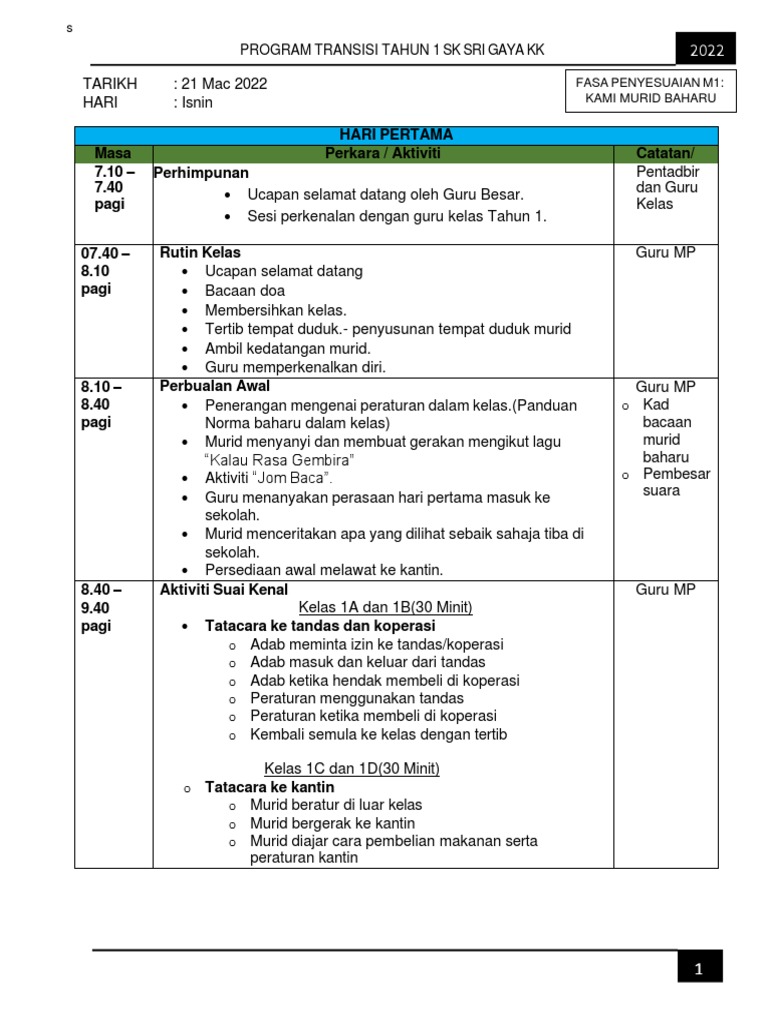 JADUAL PROGRAM TRANSISI TAHUN 1 SKSG 2022 | PDF