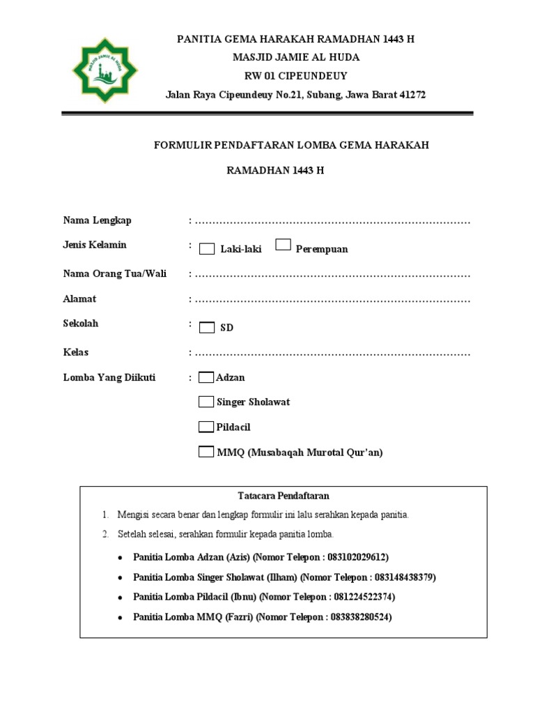 Formulir Pendaftaran Lomba | PDF Formulir Pendaftaran Lomba | PDF