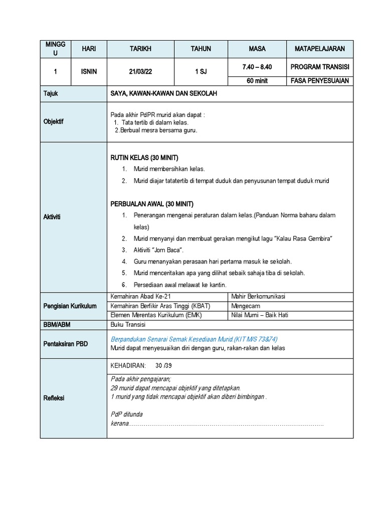 RPH Transisi Minggu 1 | PDF