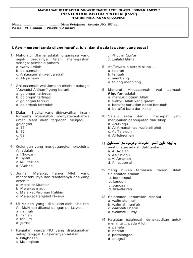 SOAL PAT Aswaja 2023 MIMNUSA | PDF