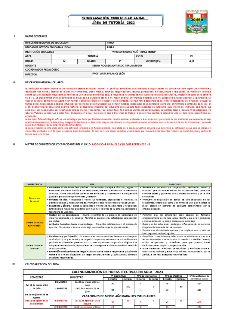 PROGRAMACION CURRICULAR ANUAL TUTORIA 4TO. GRADO Modificandolo | PDF