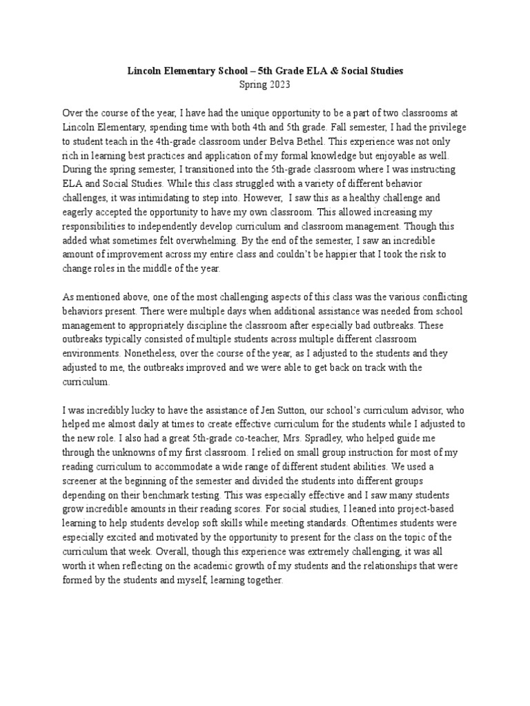 Lincoln Elementary School - 5th Grade ELA & Social Studies | PDF