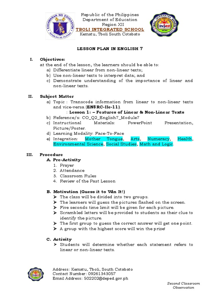 English 7 Lesson Plan: Text Types | PDF | Learning | Lesson Plan