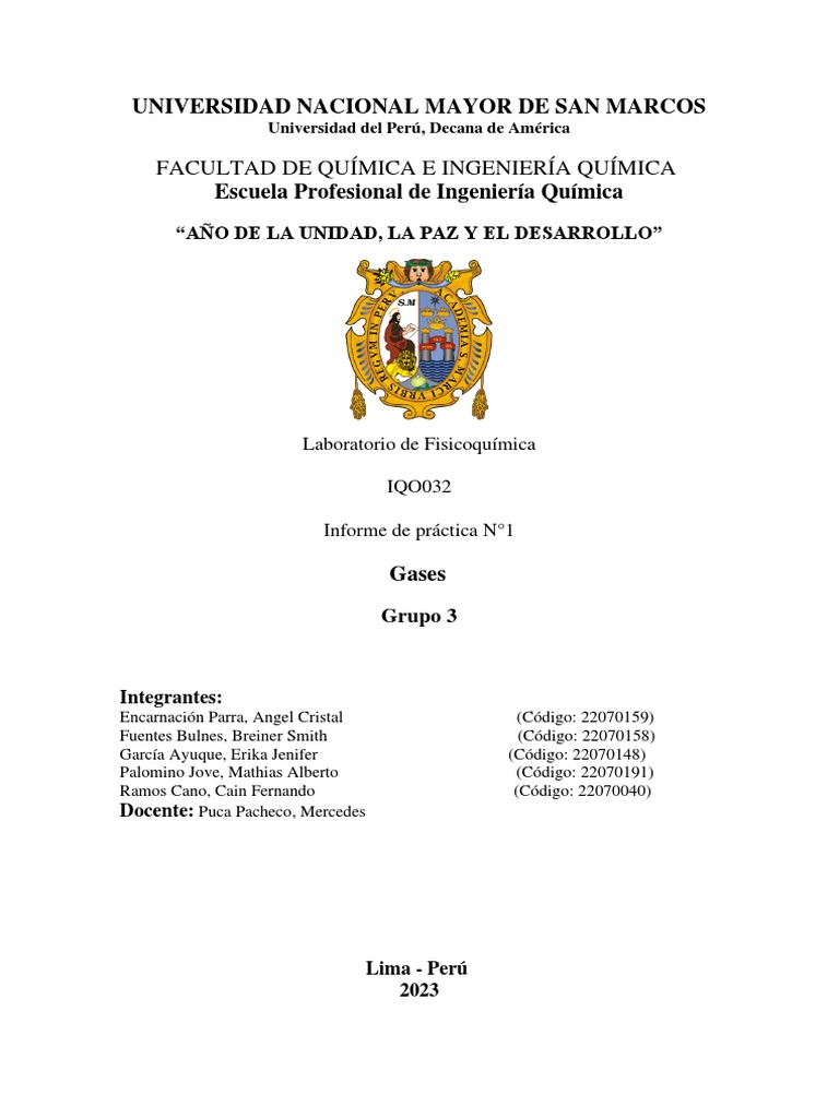Informe N°1 Lab Fisicoquímica Pdf Gases Densidad
