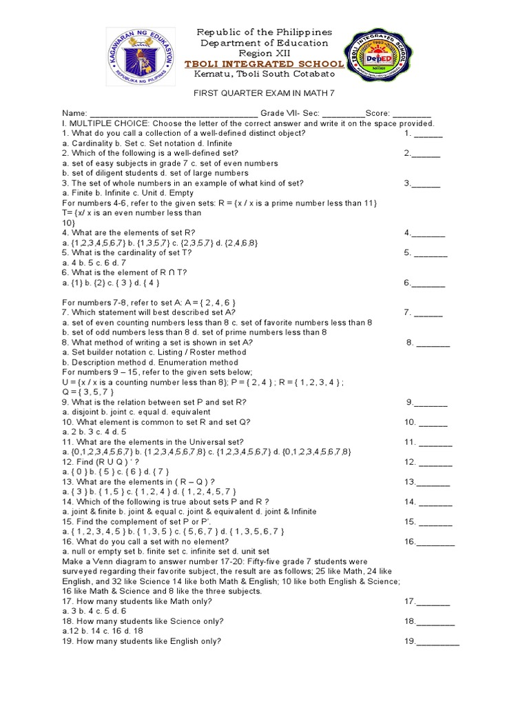 Grade 7 First Quarter Math Exam | PDF | Set (Mathematics) | Mathematics