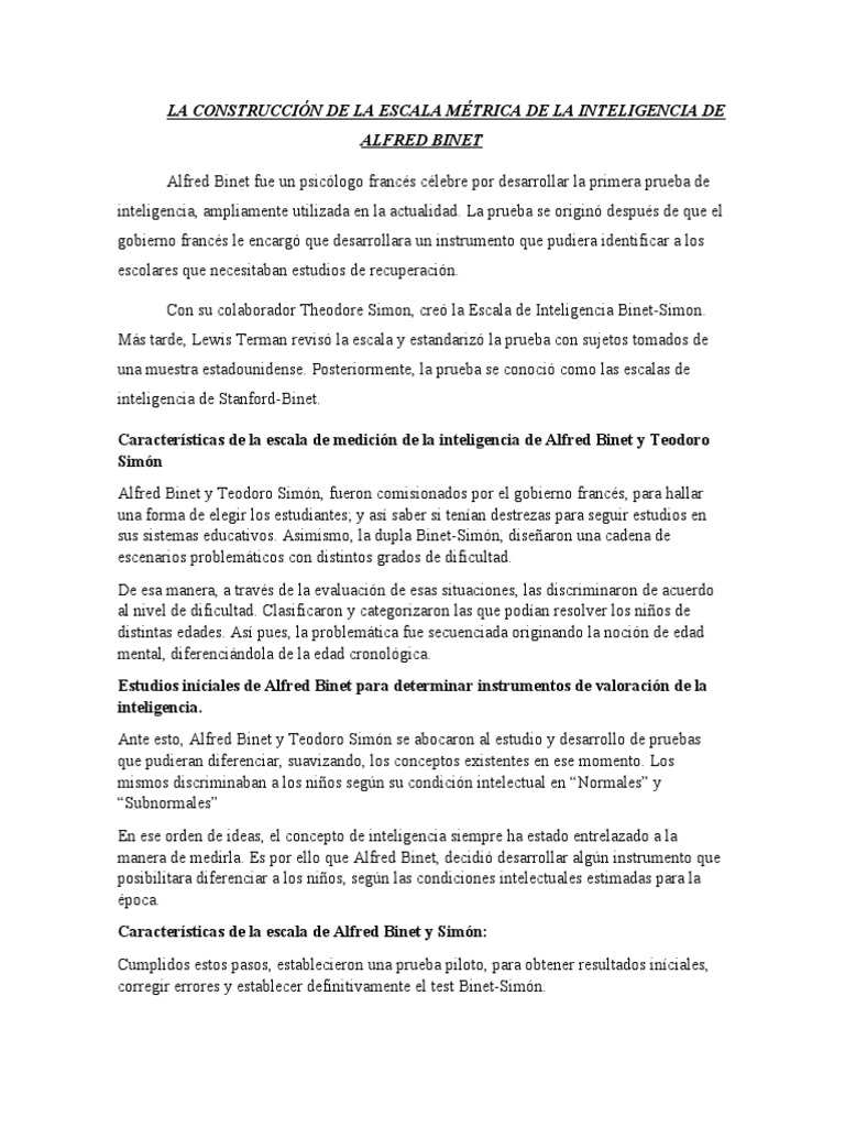 La Construcción de La Escala Métrica de La Inteligencia de Alfred Binet ...