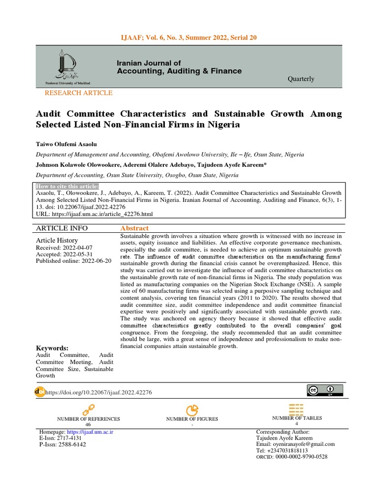 Audit Committee Characteristics and Sustainable Growth Among Selected ...