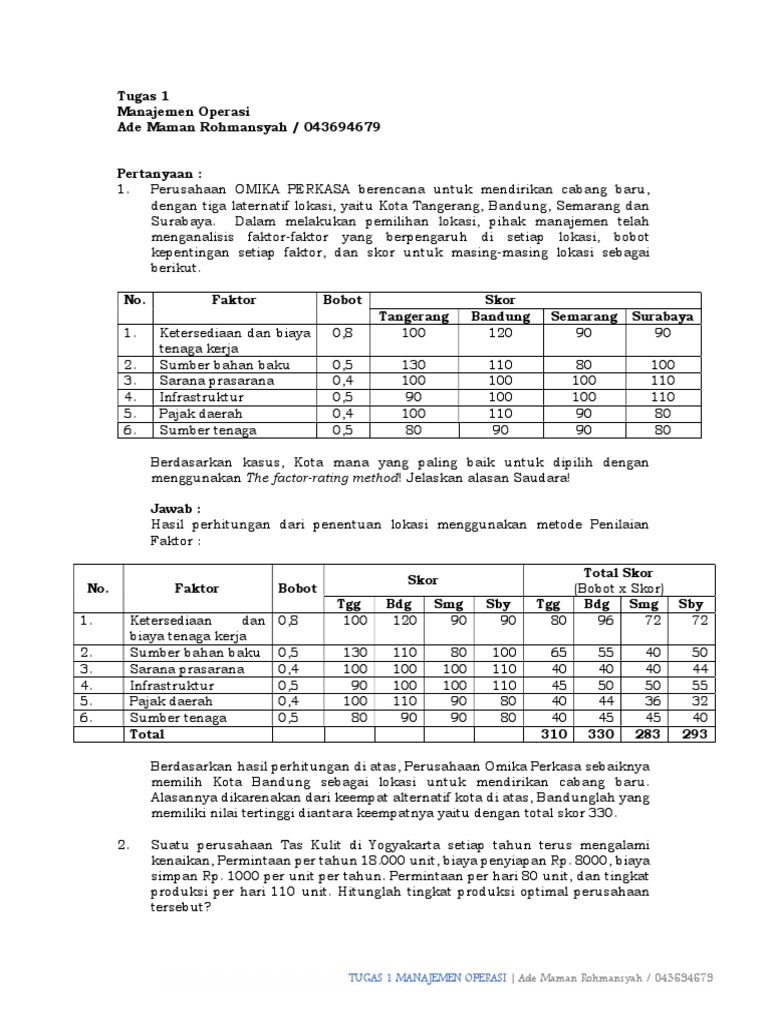 Tugas Manajemen Operasi | PDF | Bisnis | Teknologi & Rekayasa