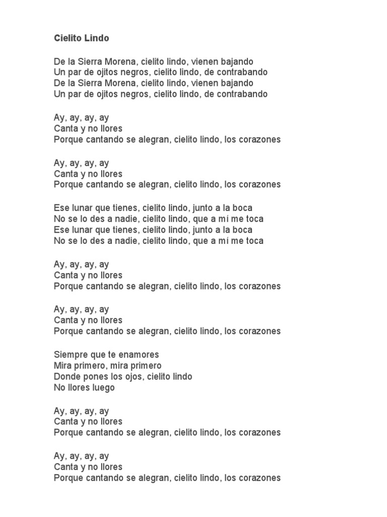 Letra de la canción Cielito Lindo | PDF
