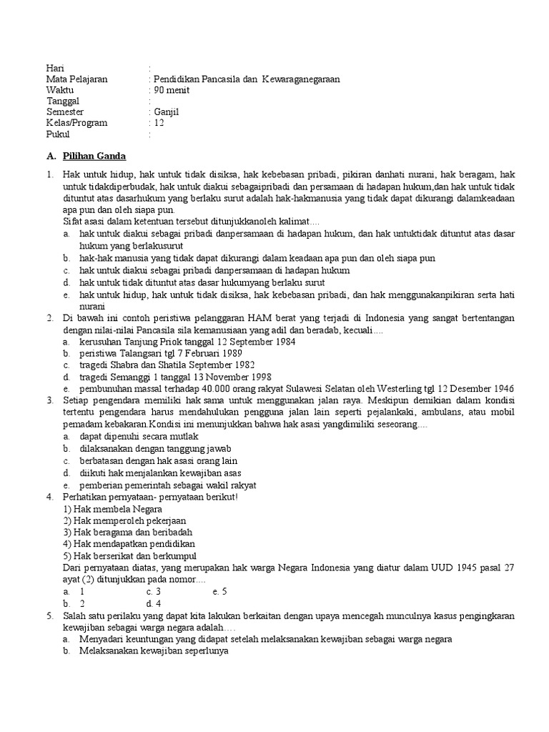 Soal Uas PPKN KLS 12 SMS 1 22-23 | PDF