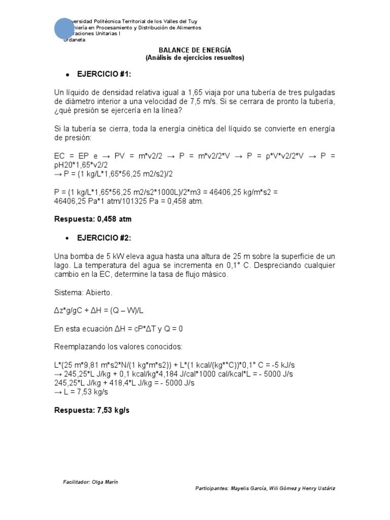 Ejercicios Balance de Energia | PDF