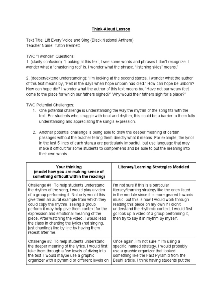 Think-Aloud Lesson 1 | PDF | Teachers | Thou