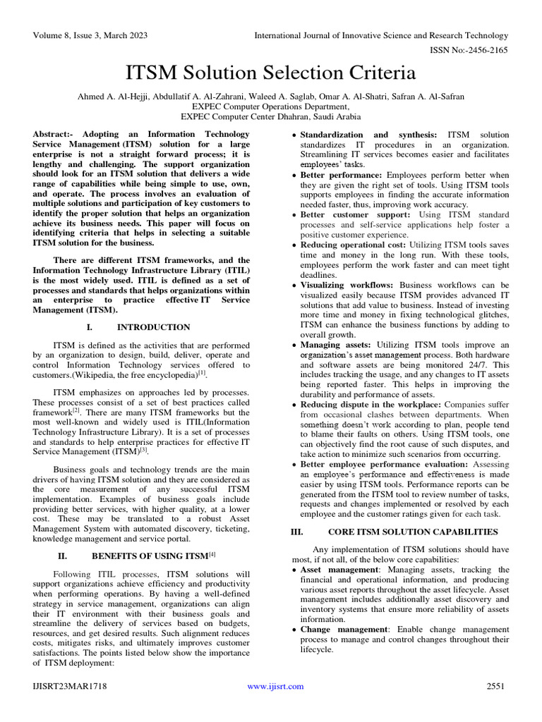 ITSM Tool Selection Criteria Guide | PDF