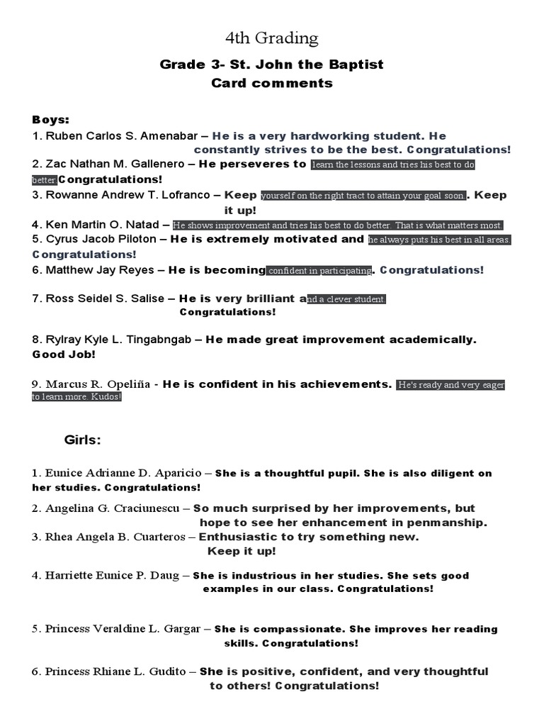 Grade 3 Report Card Comments | PDF | Wellness | Language Arts & Discipline