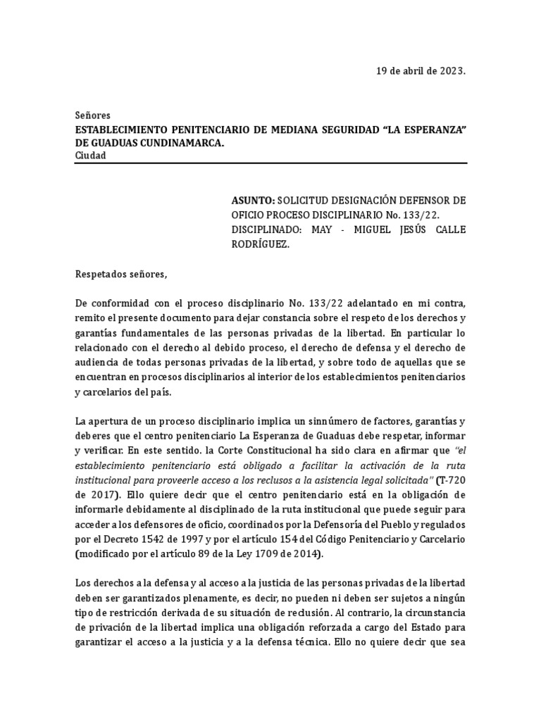 Solicitud Respetuosa, Defensor de Oficio. | PDF | Prisión | Defensor ...