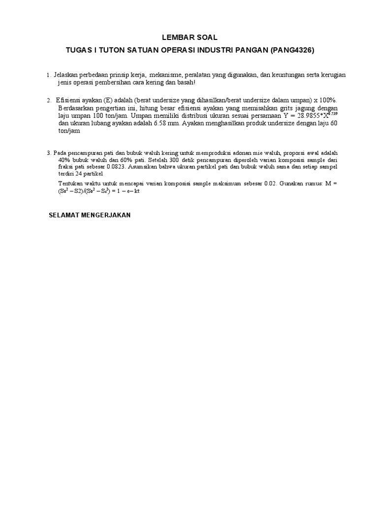 Tugas 1 Tuton Satuan Operasi Industri Pangan | PDF