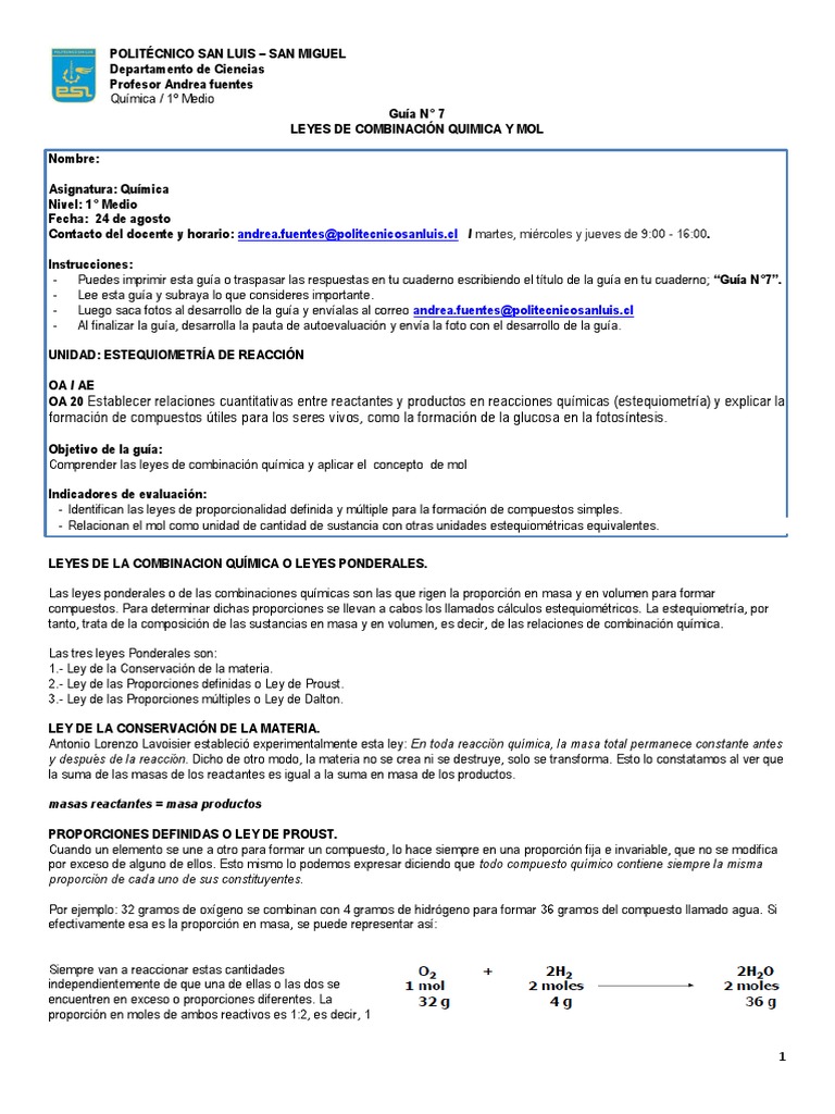 Guía 7 Quimica 1° Leyes Ponderales y Mol | PDF | Mole (Unidad) | Química Guía 7 Quimica 1° Leyes Ponderales y Mol | PDF | Mole (Unidad) | Química