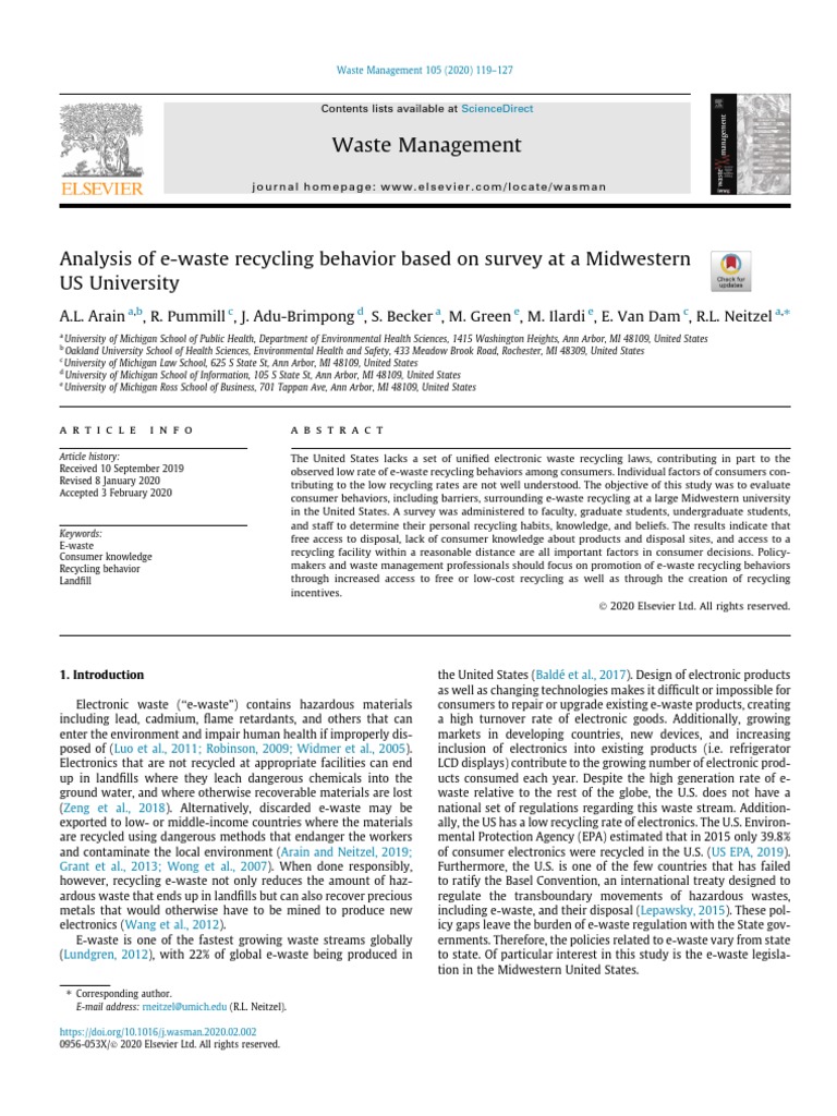 Analysis of E-Waste Recycling Behavior Based On Survey at A Midwestern ...