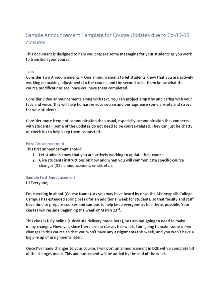 Sample Announcement Template For Course Updates Due To CoVID | PDF ...