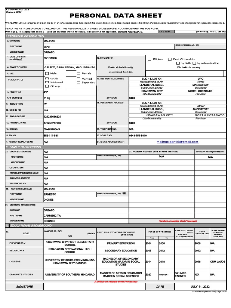 CS Form No. 212 Personal Data Sheet Revised | PDF | Distance Education ...