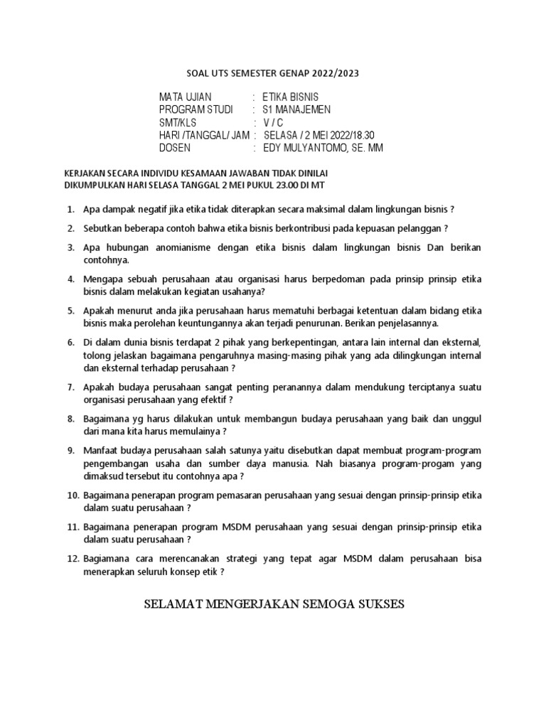 Soal UTS Etika Bisnis S1 Manajemen | PDF | Bisnis