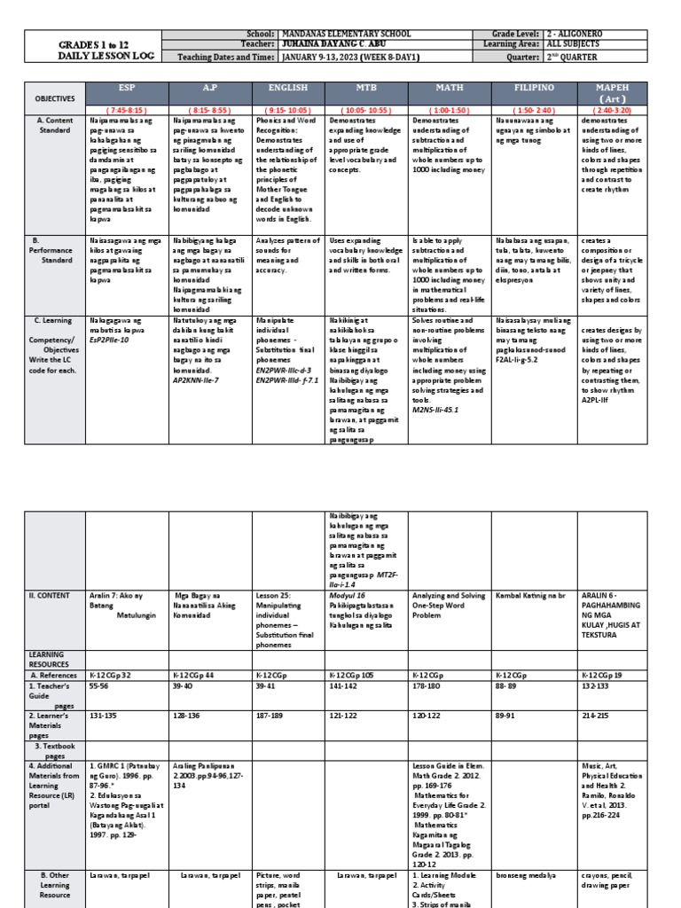 DLL All-Subjects-2 Q2 W7 D2 | PDF | Phonics | Cognition