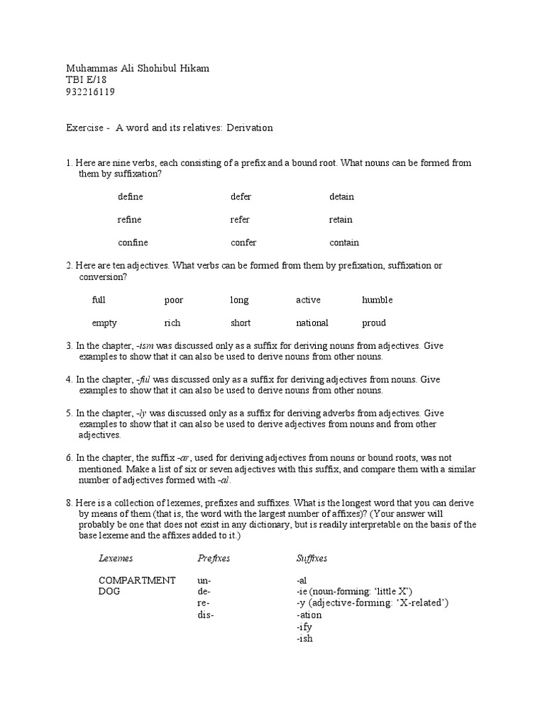 Deriving Words Through Affixation: An Exercise in Word Formation | PDF