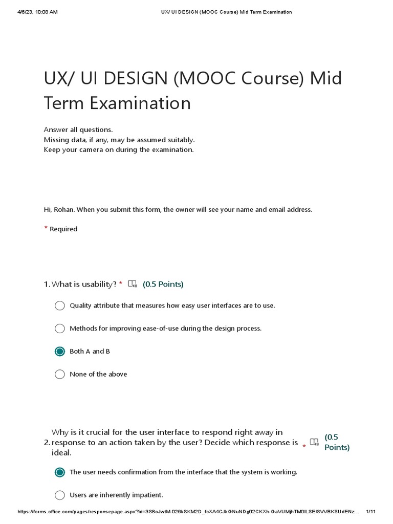 UX - UI DESIGN (MOOC Course) Mid Term Examination | PDF | User Interface Design | User Interface