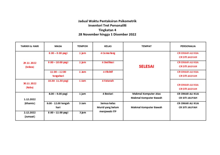 Jadual Waktu Pentaksiran Psikometrik | PDF