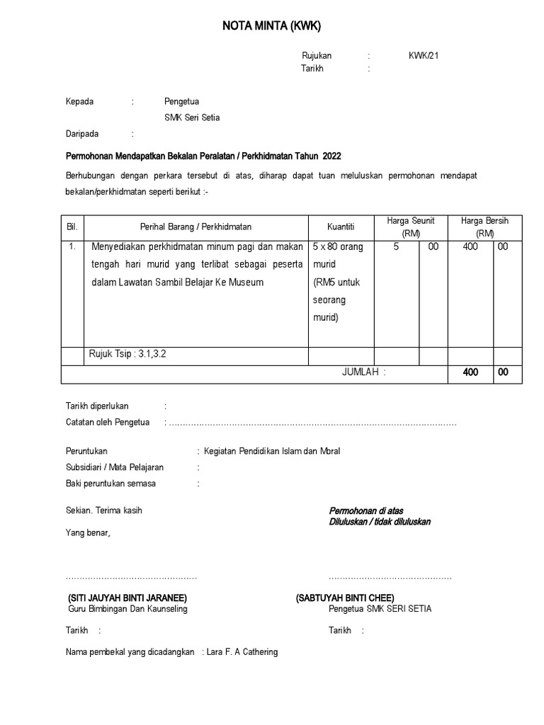 Nota Minta Makanan Kantin Lara 2021 | PDF