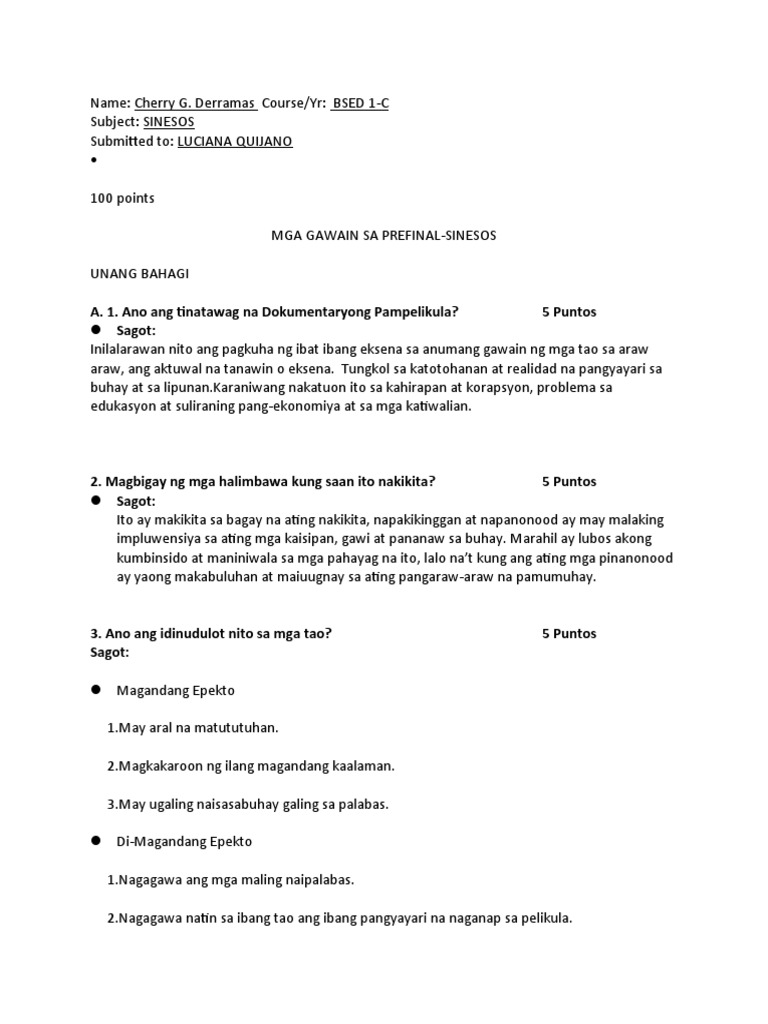 Gawain Sa Prefinal (Sinesos) | PDF