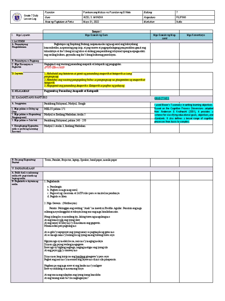 Lesson Plan ANAPORIK AT KATAPORIK | PDF