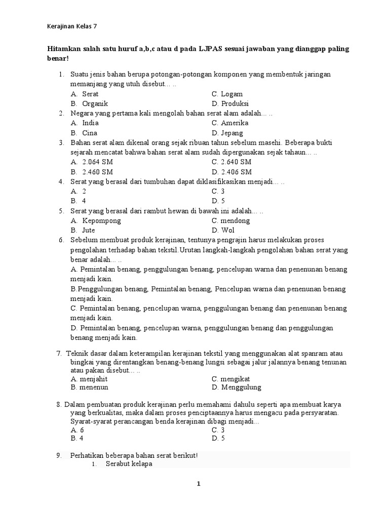 Soal PAS Prakarya Sub Kerajinan Kelas 7 K2013 | PDF