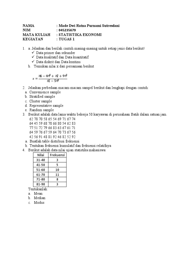 Tugas 1. - Statistika Ekonomi - Made Dwi Ratna Purnami Sutresdani - 045235679 | PDF