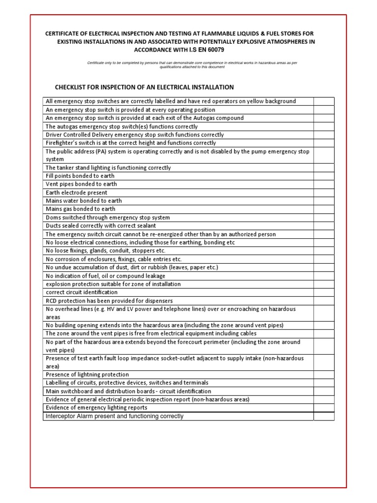 Checklist For Inspection of An Electrical Installation: I.S EN 60079 ...