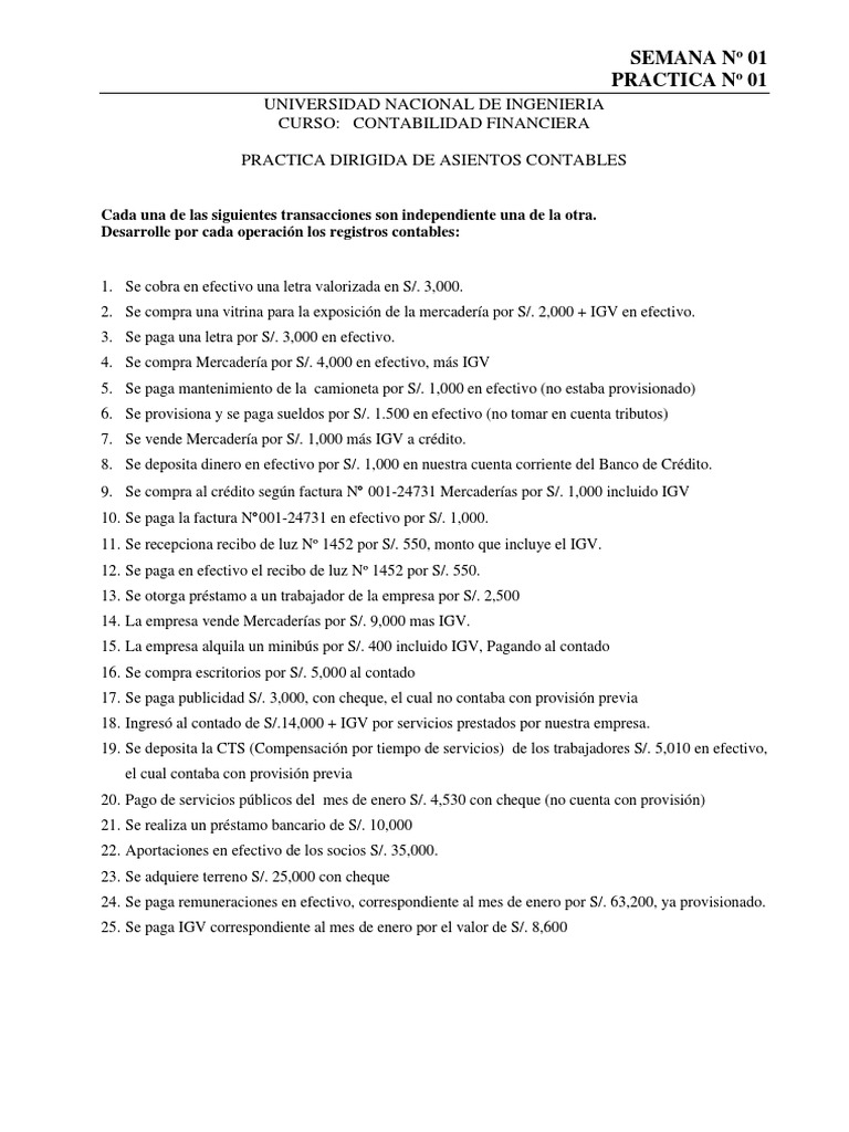 Practica #01 Asientos Contables ENUNCIADO | PDF