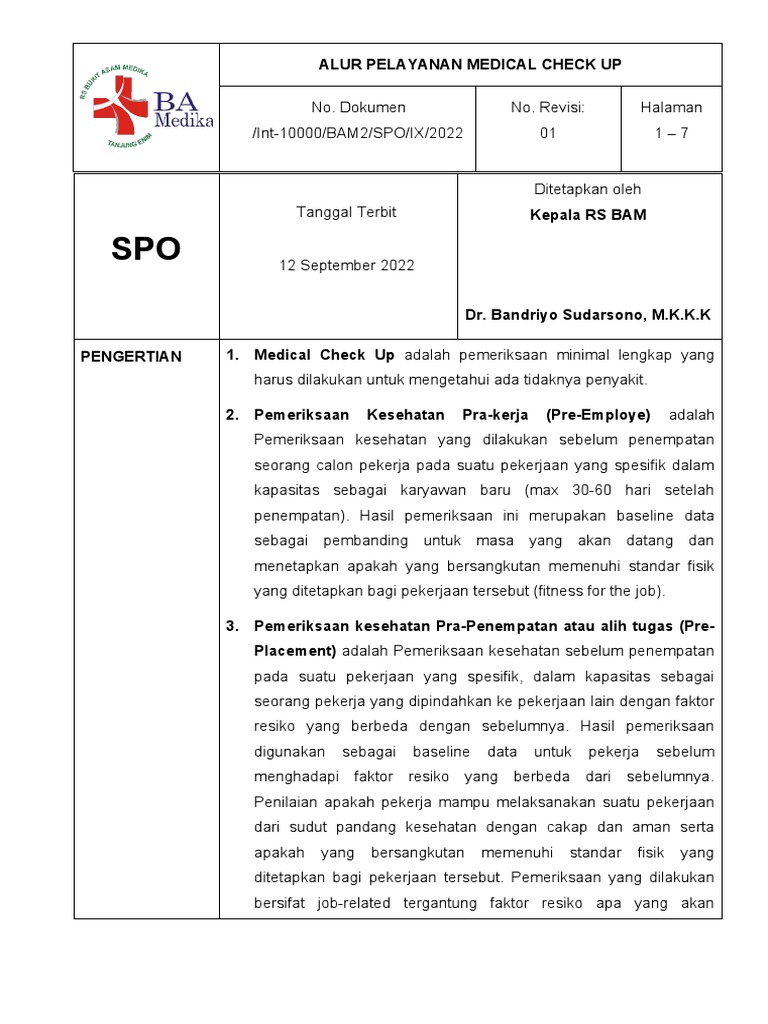 01 SPO Alur Pelayanan Medical Check Up (2022) | PDF