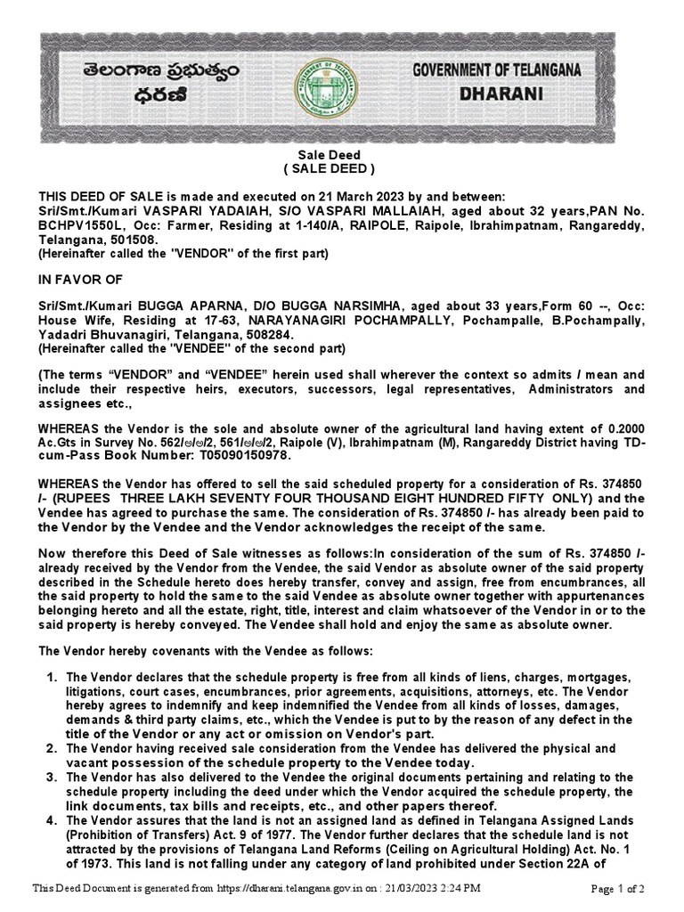 Sale Deed Document 2688705 | PDF | Mortgage Law | Civil Law (Legal System)