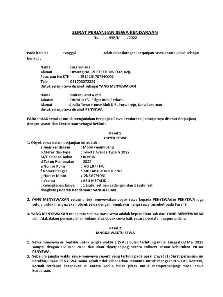 Surat Perjanjian Sewa Kendaraan | PDF
