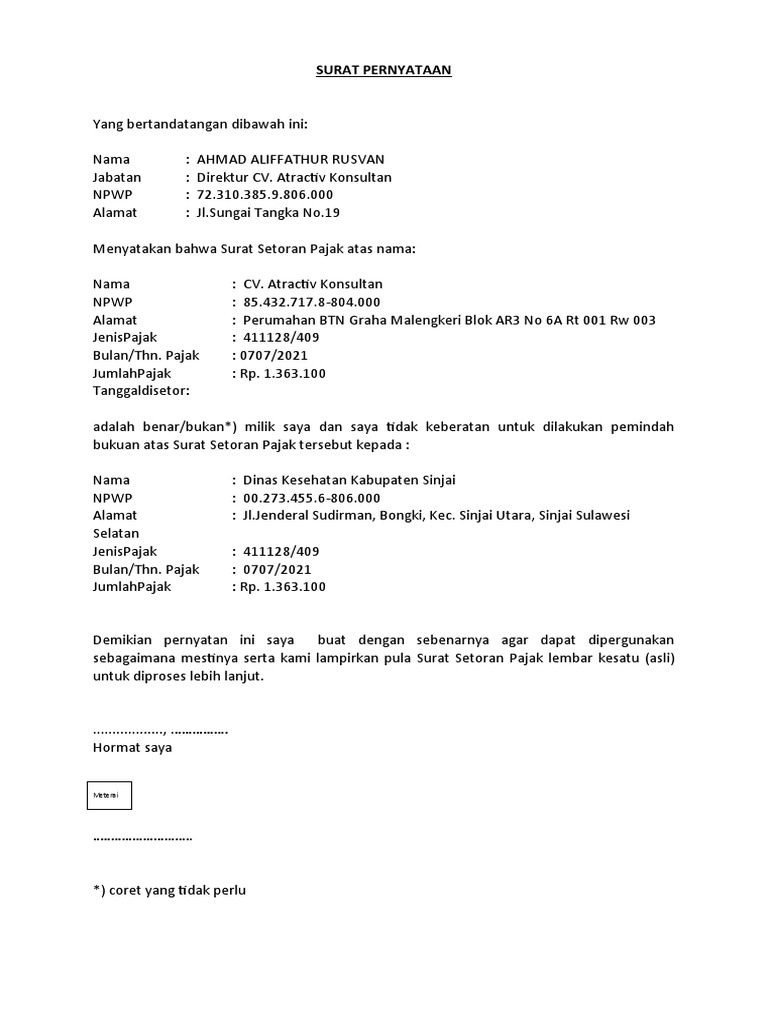 Surat Pernyataan PBK Dinkes | PDF