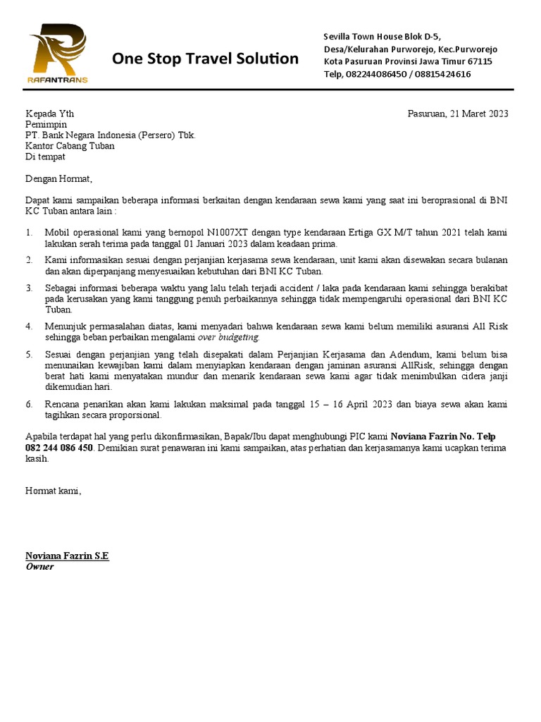 Surat Penarikan Kendaraan Sewa | PDF
